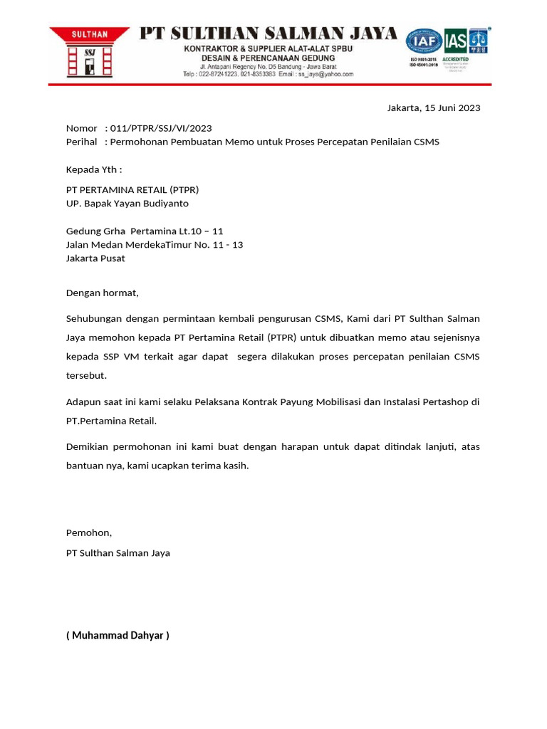 Surat Permohonan Percepatan CSMS PT. Sulthan Salman Jaya | PDF
