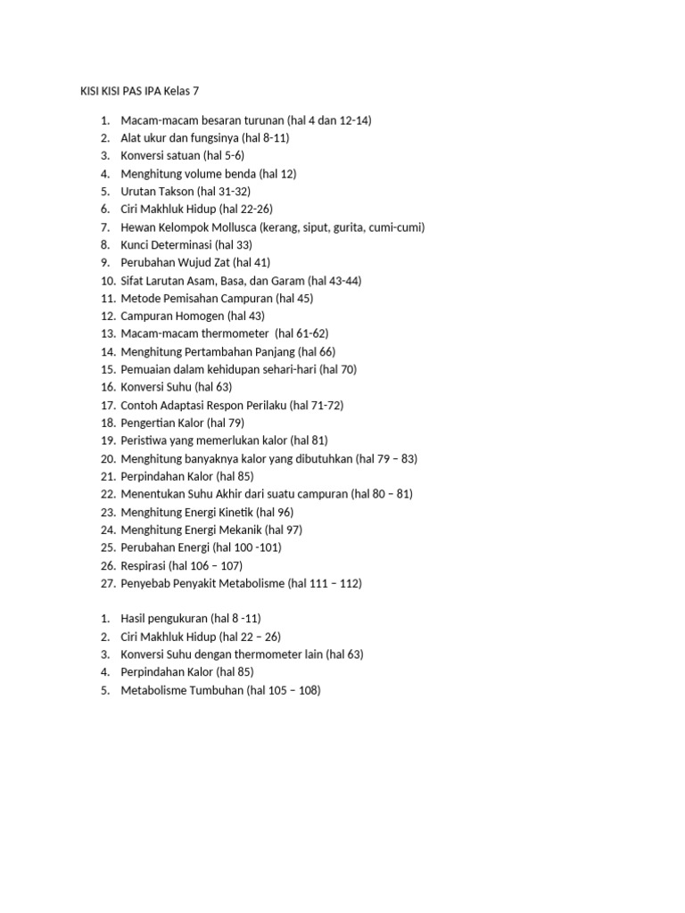 KISI KISI PAS IPA Kelas 7 | PDF