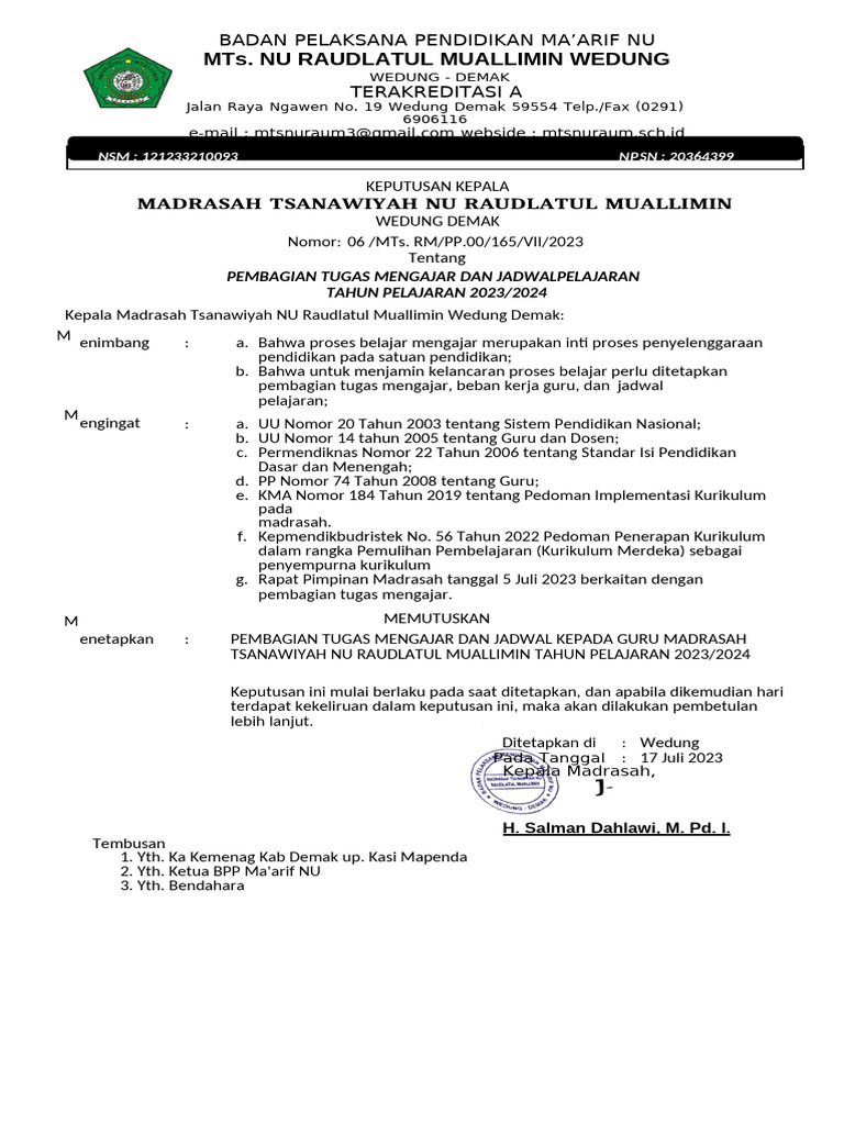 SK Pembagian Jam Mengajar Dan Jadwal Pelajaran_2023-2024_mtsnuraum (2) | PDF
