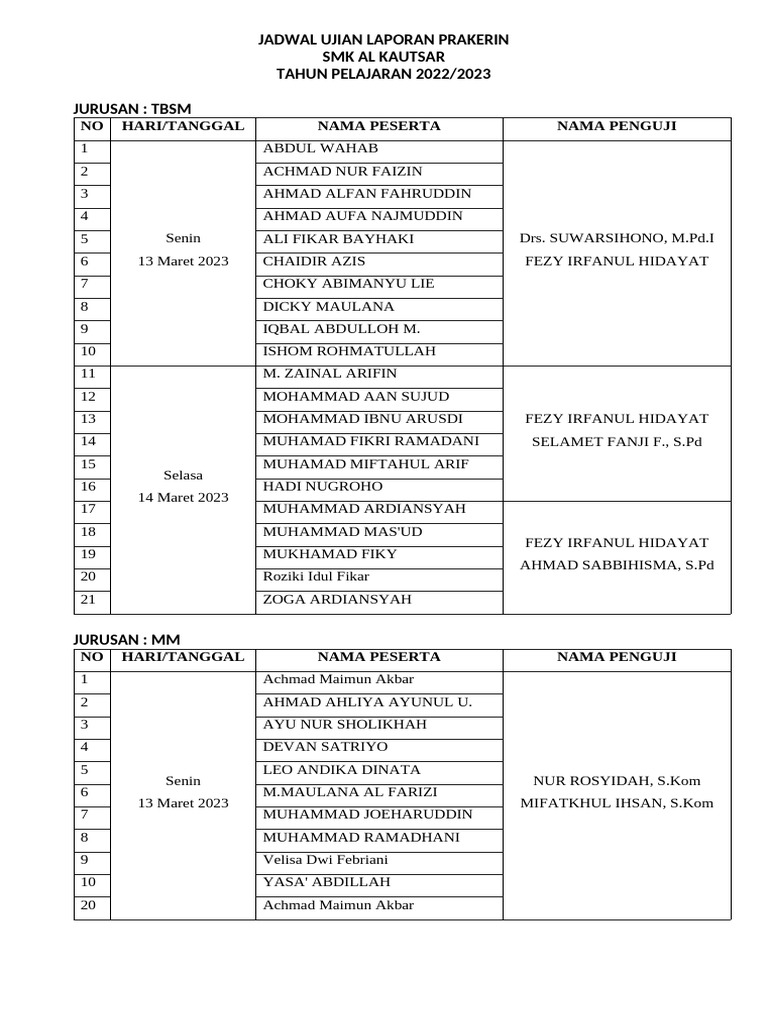 Jadwal Ujian Laporan Prakerin | PDF
