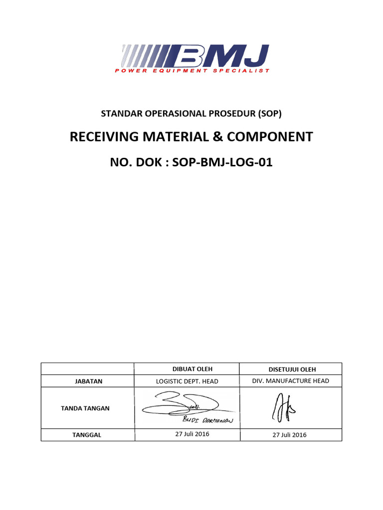SOP-BMJ-LOG-01 Receiving Material & Component | PDF