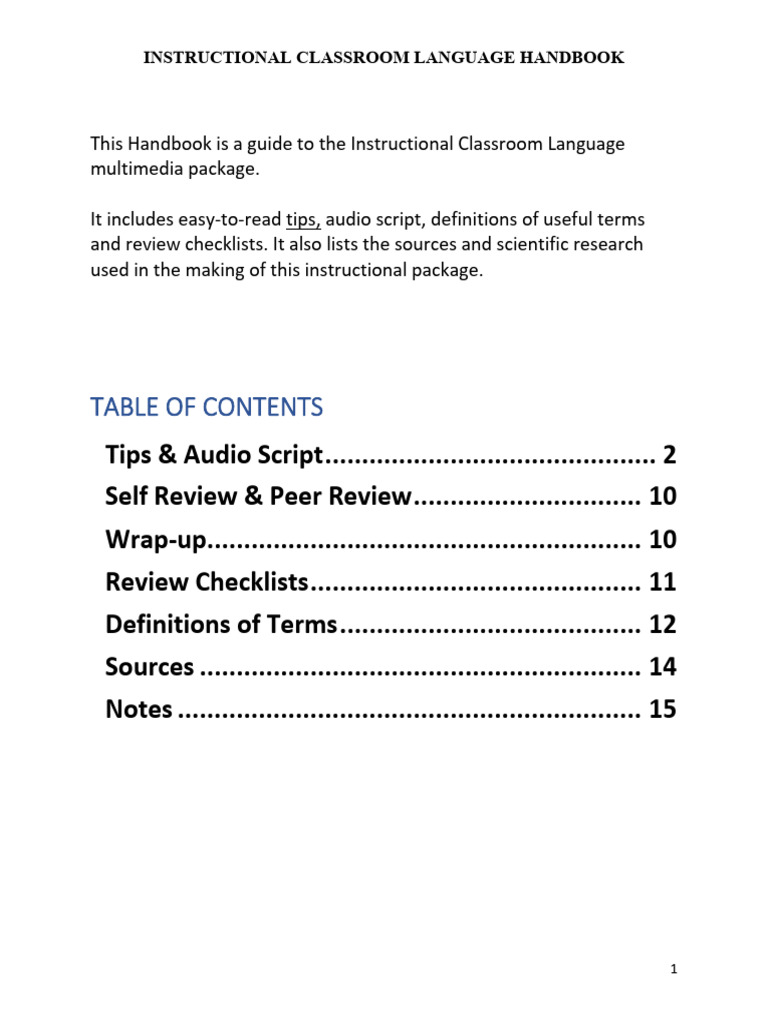 Instructional Classroom Language Pdf Classroom Cognition