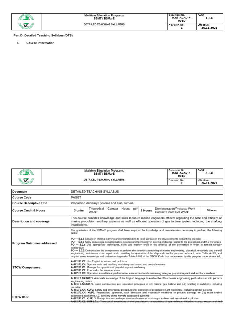 Maritime Education Syllabus for BSMT/BSMarE | PDF | Gas Turbine ...