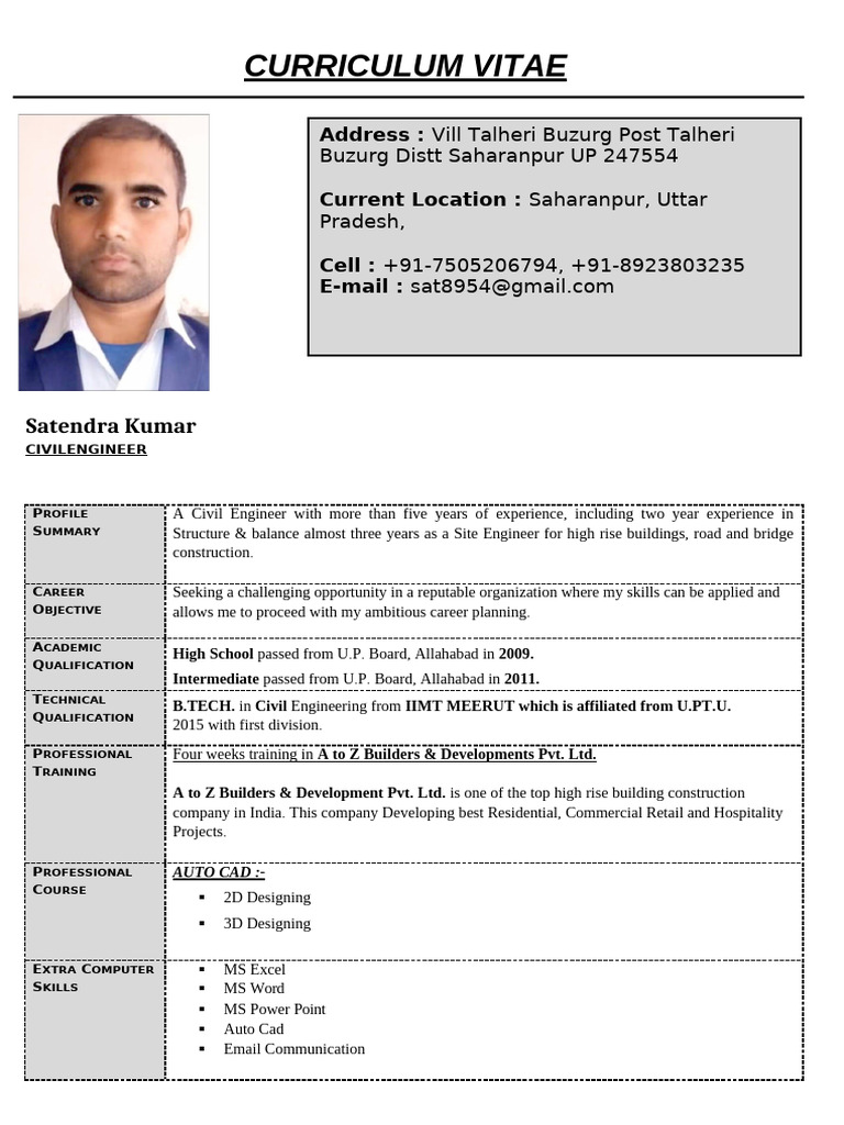 Civil Engineer CV - Satendra Kumar | PDF | Specification (Technical Standard)
