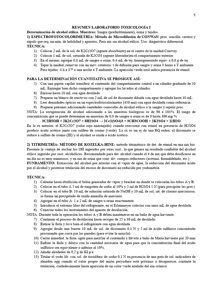 Resumen Lab Toxico | PDF | Cromatografía | Etanol