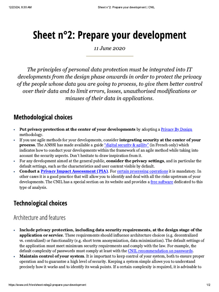 Sheet N°2 - Prepare Your Development - CNIL | PDF