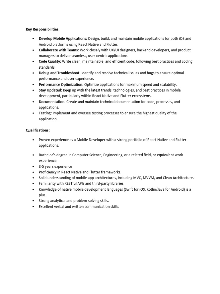 Mobile Developer - Job Description | PDF