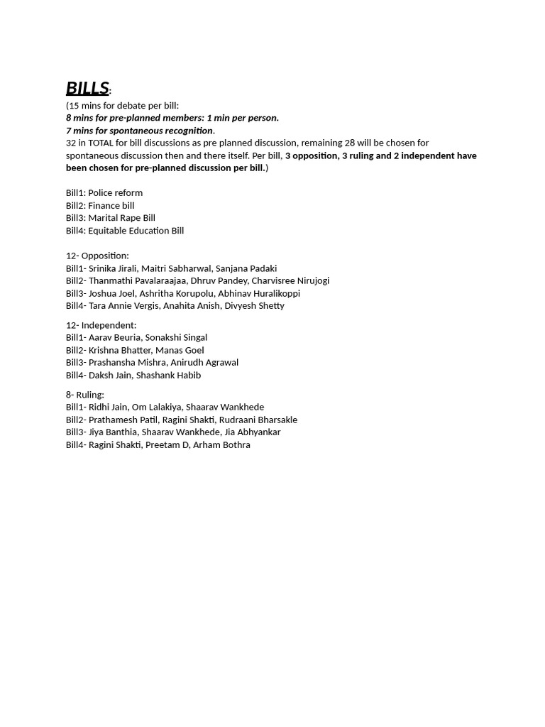 Bill Debate Structure & Speaker List | PDF