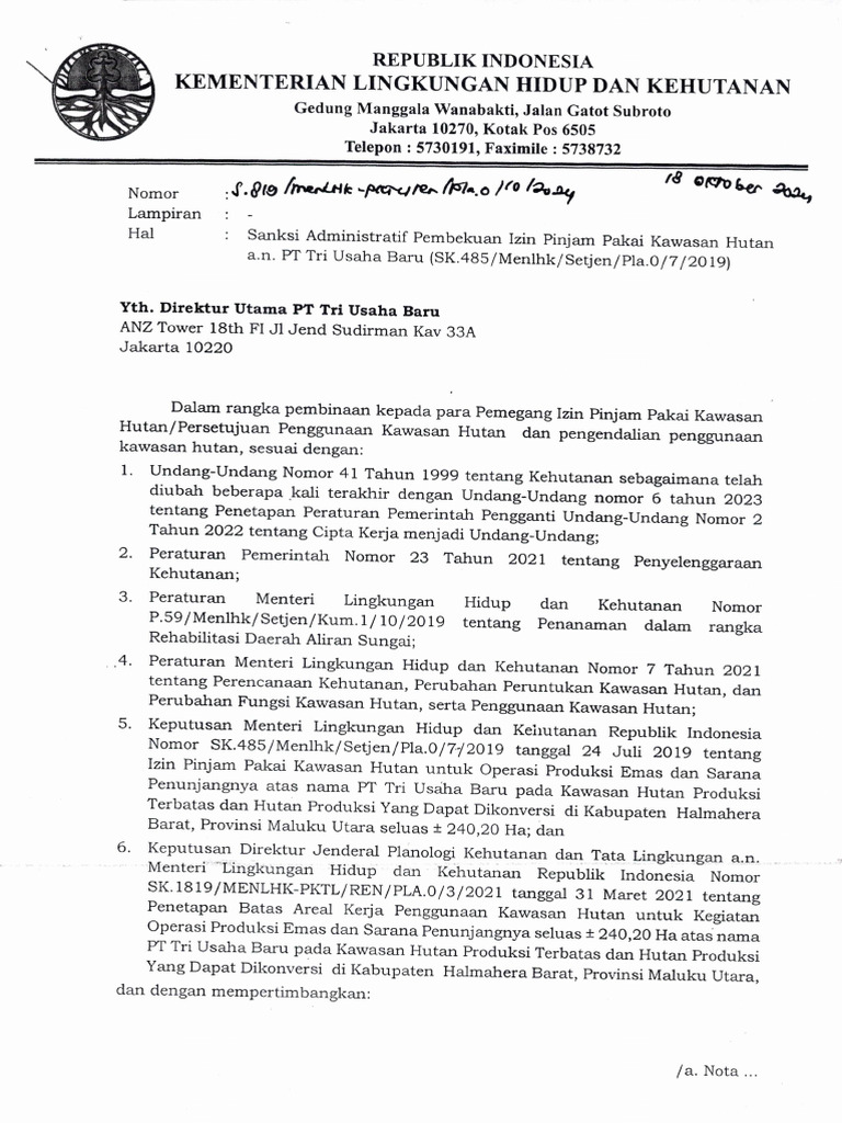 S.819-Menlhk-Pktl-Ren-Pla.0-10-2024 PT Tri Usaha Baru Sk.485-Menlhk-Setjen-Pla.0-7-2019 (BNW | PDF