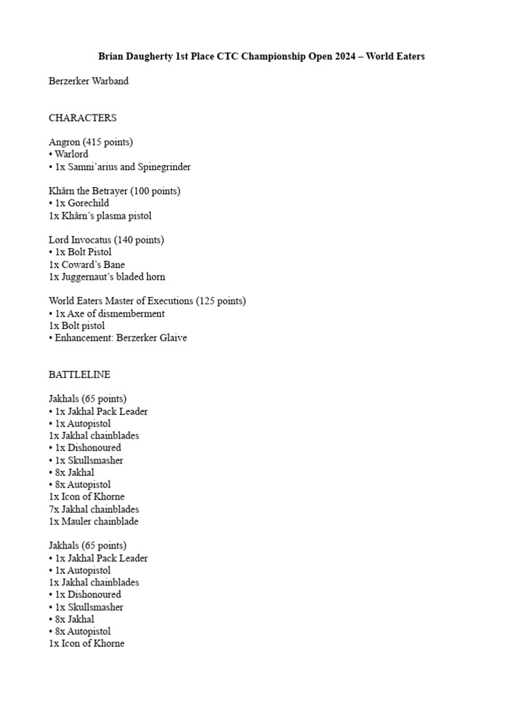 Brian Daugherty 1st Place CTC Championship Open 2024 - World Eaters | PDF