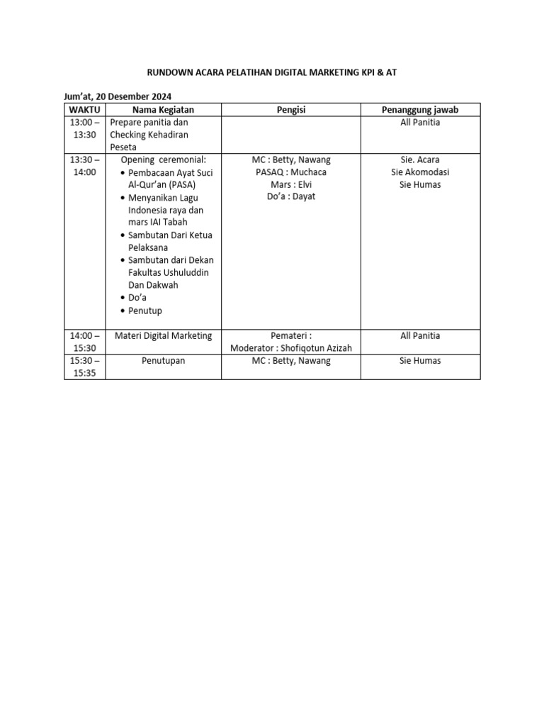 Rundown Acara Pelatihan Digital Marketing | PDF