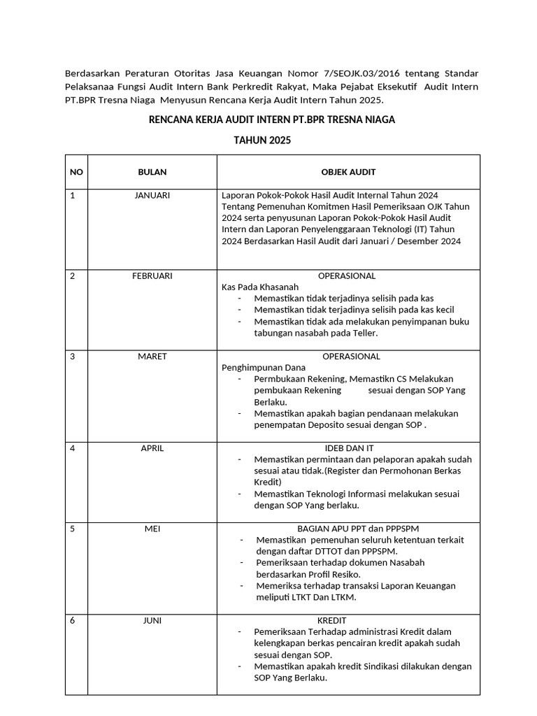 Rencana Kerja Audit Intern PT BPR TN 2025 | PDF