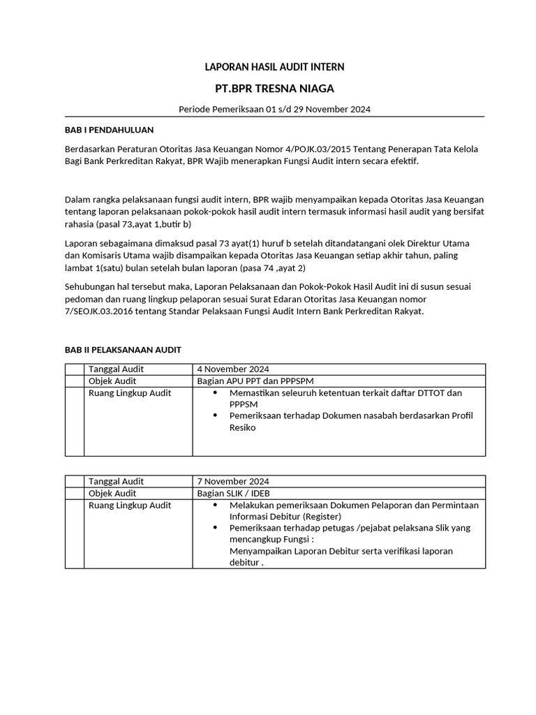 Laporan Audit Intern BPR Tresna Niaga | PDF