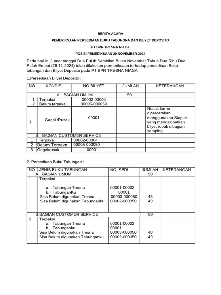 Beriita Acara Pemeriksaan Butab Dan Bilyet Nov 2024 | PDF