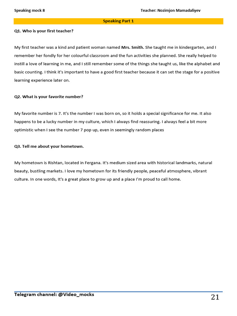 Speaking Mock 8 Sample Answers | PDF | Teachers | Essays