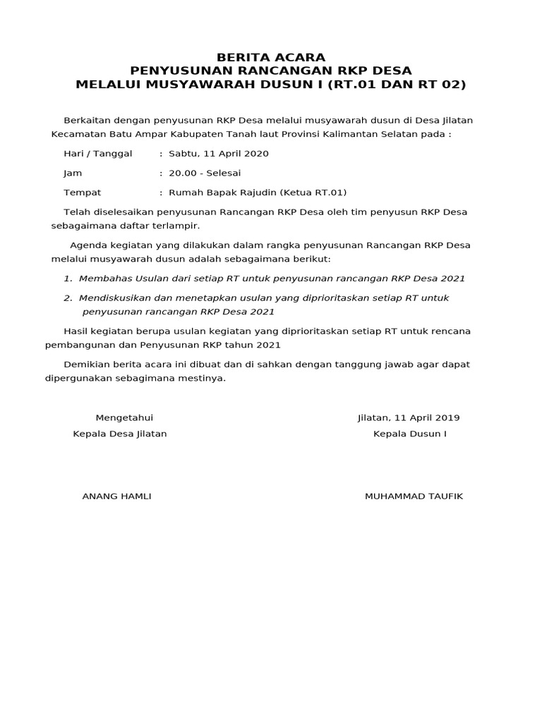 BERITA ACARA MUSDuS RKP 2020 | PDF