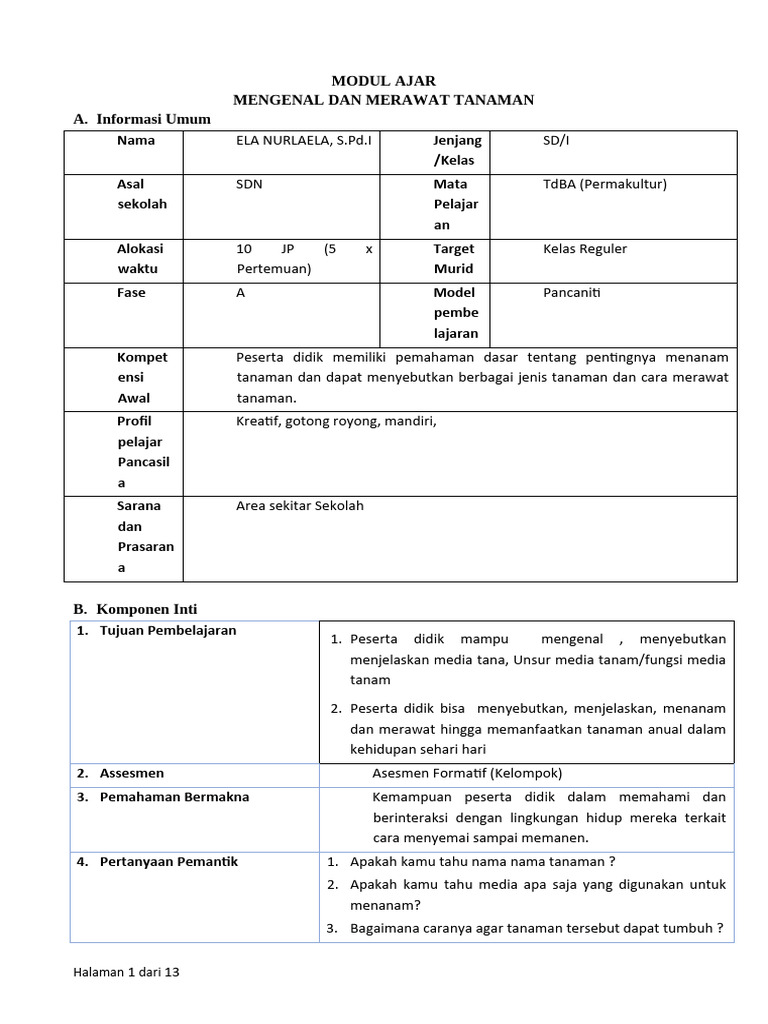 Modul Ajar Fase A Kelas 1 Hidup Berkelanjutan - Diah | PDF