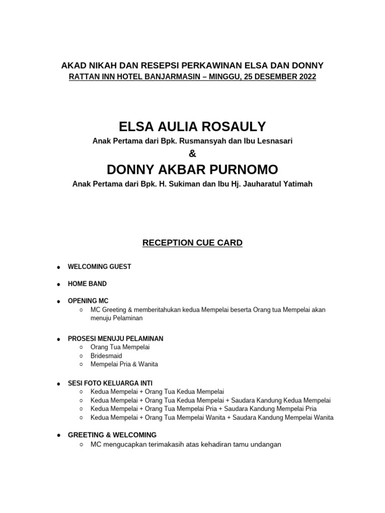 MC Wedding Akad Resepsi Elsa Dan Donny | PDF