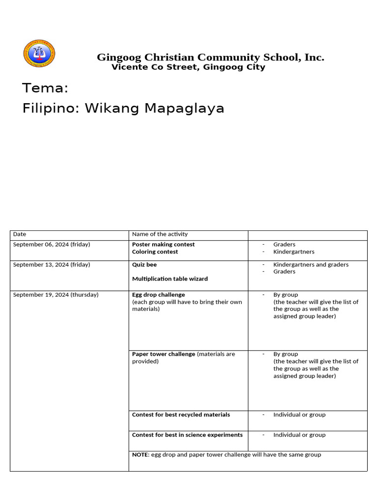 Buwan NG Wika Time Table | PDF