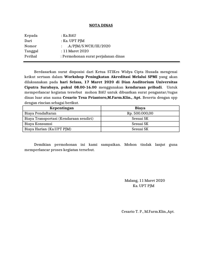 Contoh Nota Dinas Perjalanan Dinas | PDF