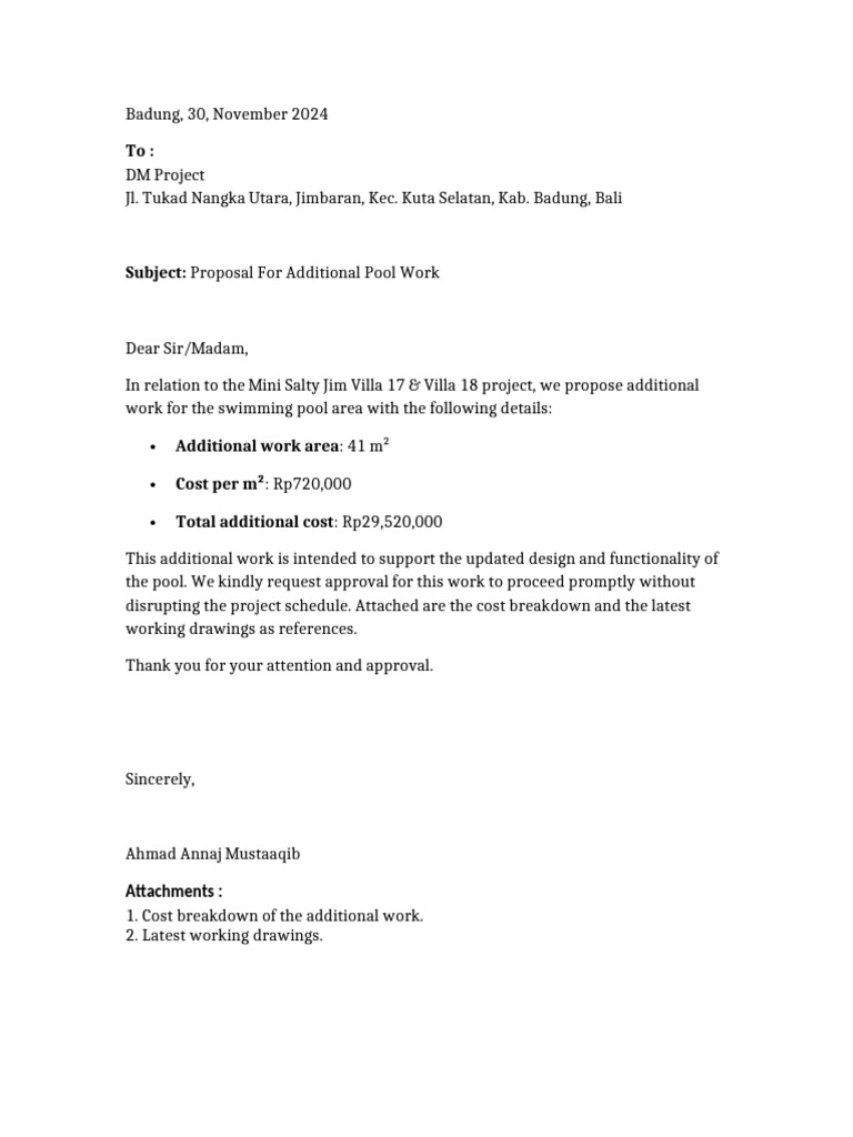Pengajuan Pekerjaan Kolam DM Project | PDF