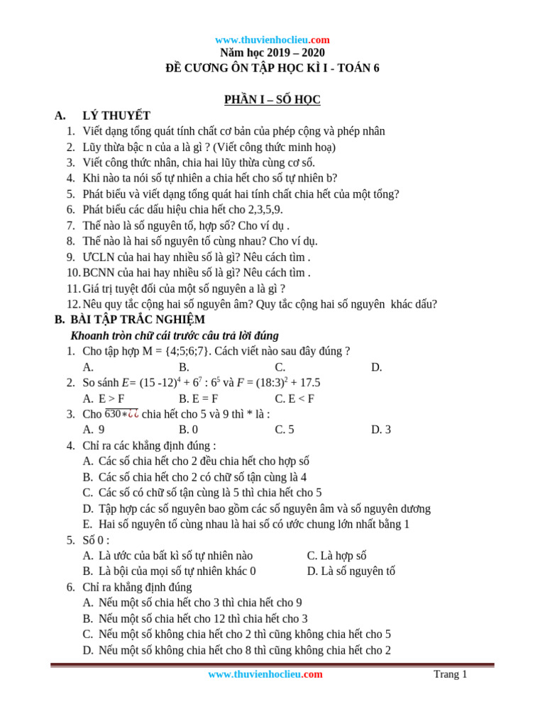 De Cuong On Tap Toan 6 Hk1 | PDF