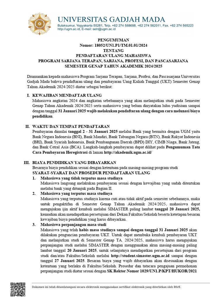 Pengumuman Daftar Ulang Mahasiswa Semester Genap TA 2024 2025 | PDF
