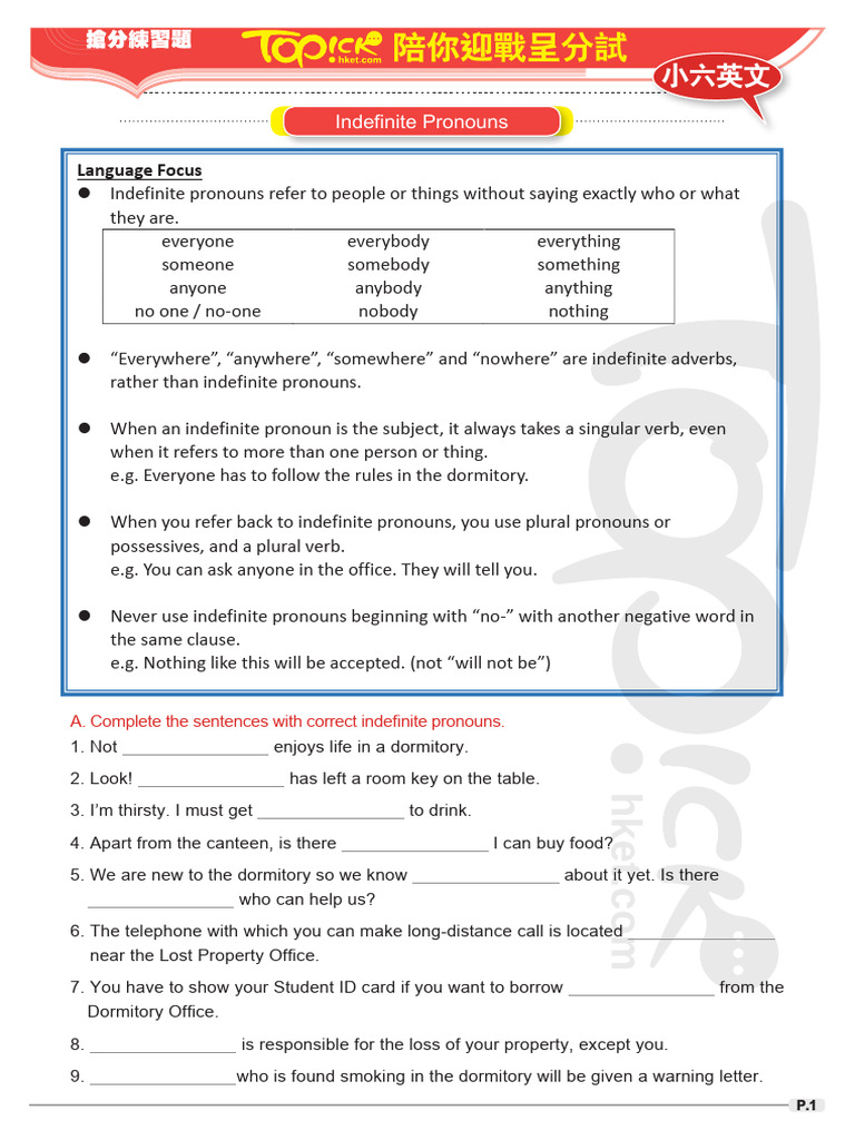 indefinite pronouns 2 | PDF | Pronoun | Subject (Grammar)
