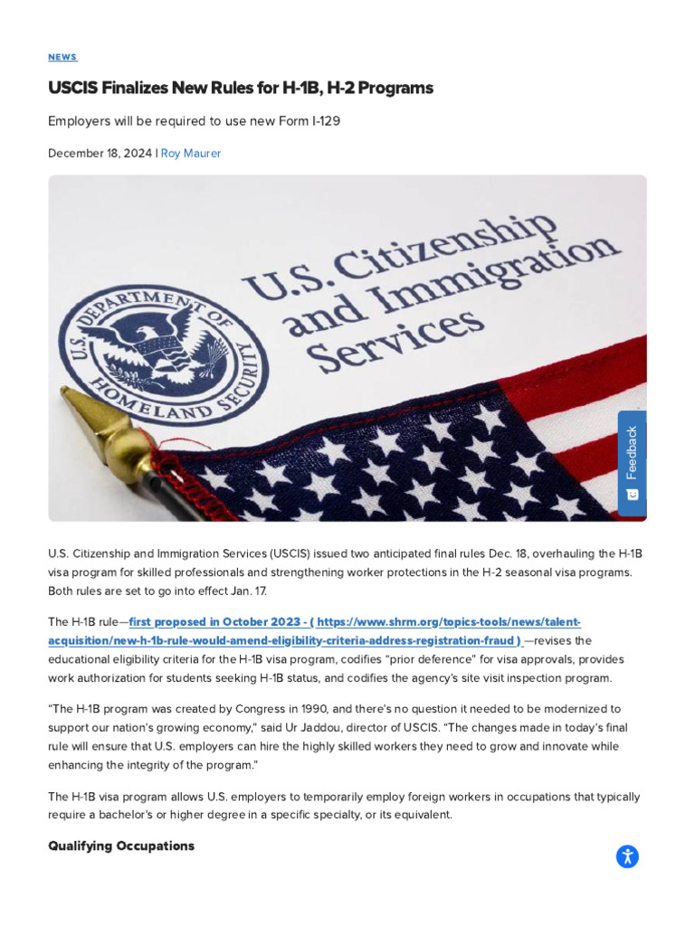 USCIS Finalizes New Rules for H-1B, H-2 Programs | PDF | H 1 B Visa ...