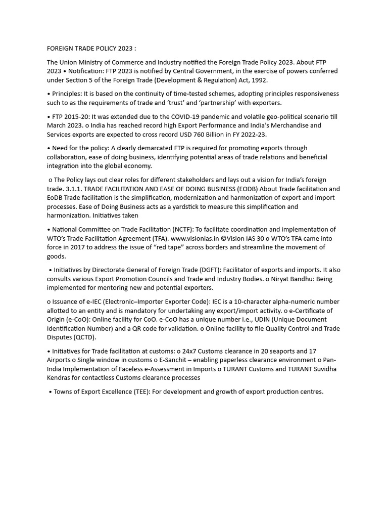 FOREIGN TRADE POLICY 2023 | PDF | Exports | Customs