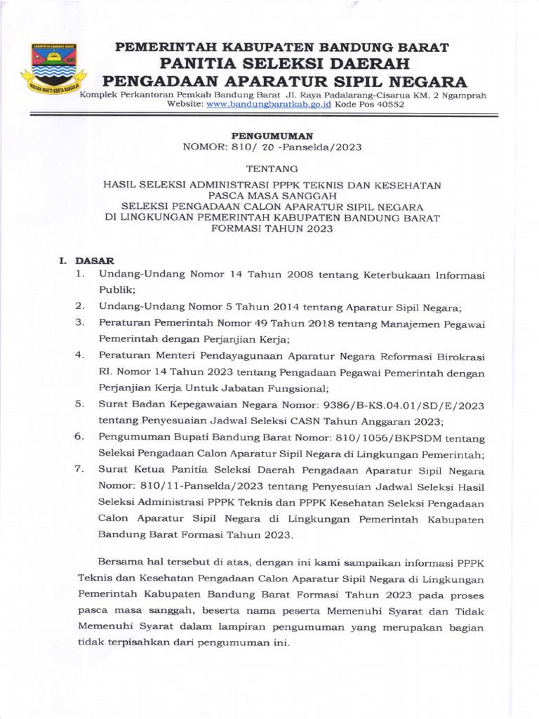 Pengumuman Hasil Seleksi Administrasi PPPK Teknis & Kesehatan Pasca Masa Sanggah Casn Ta 2023 | PDF