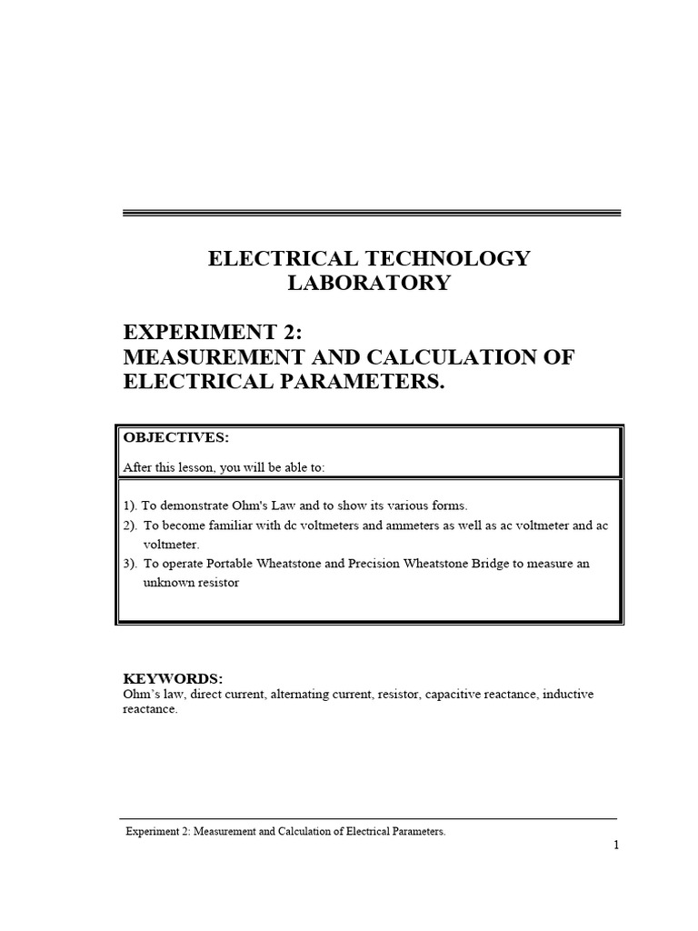 Exp2 Measurement Calc of Elec Parameter | PDF | Voltage | Electrical Resistance And Conductance