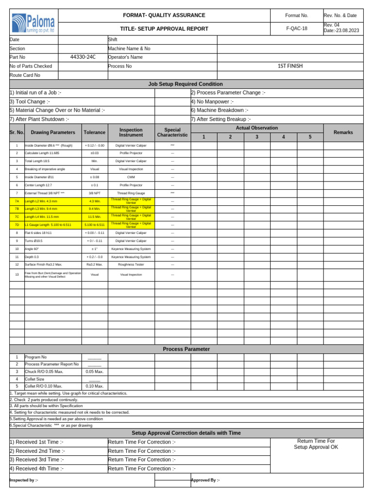 F-QAC-18 Setup Approval Report (Rev. 04) | PDF