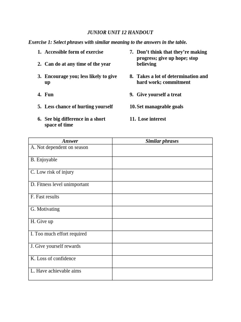 Junior Unit 12 Exercise Guide | PDF