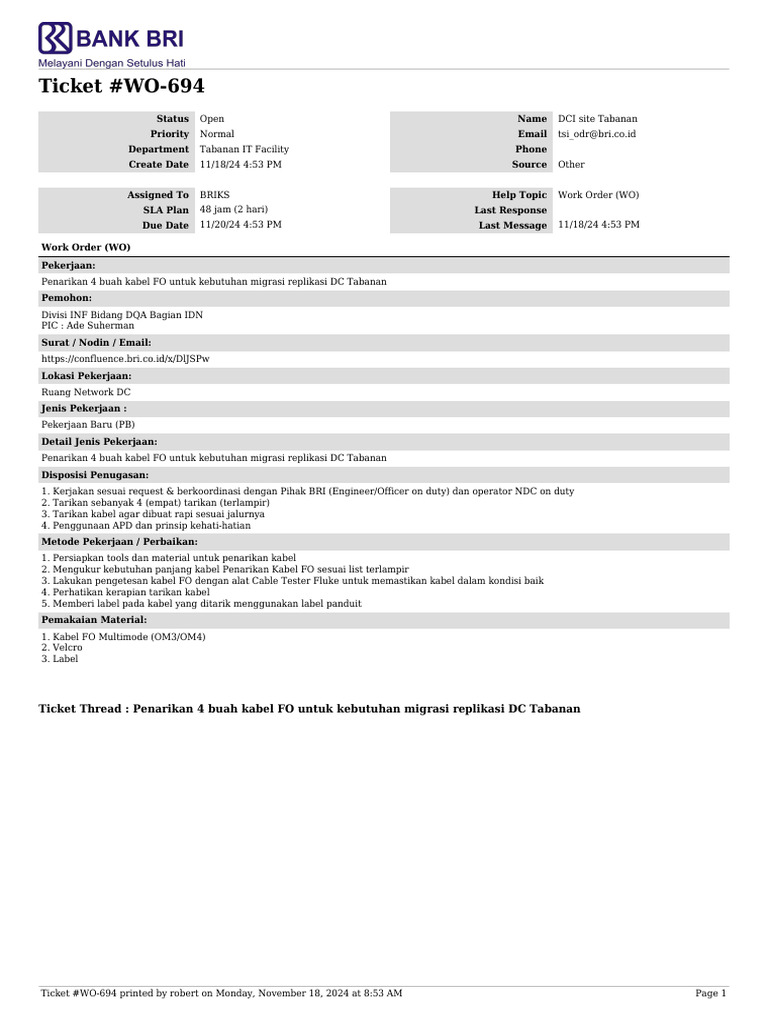 Ticket-WO-694 - Penarikan 4 Buah Kabel FO Untuk Kebutuhan Migrasi ...