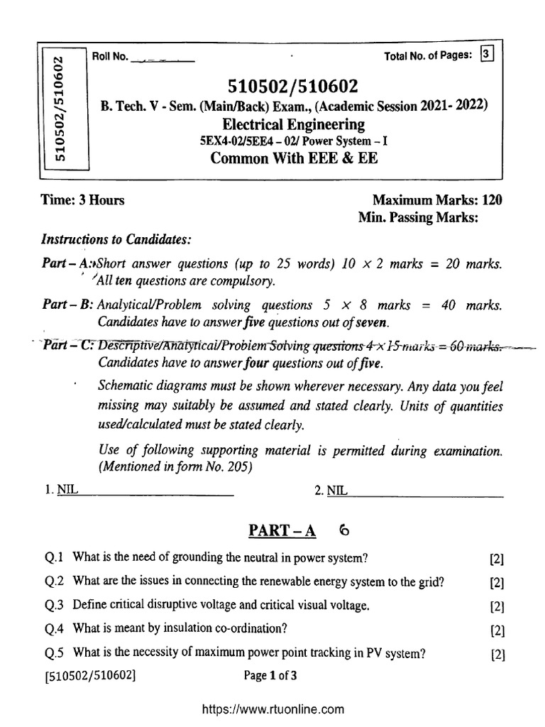 Btech Eee Ee 5 Sem Power System 1 510502 2022 | PDF