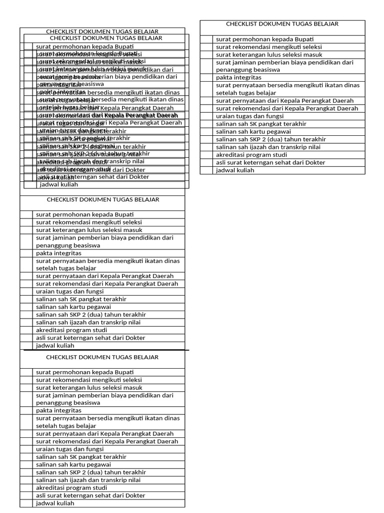 Checklist Dokumen Tugas Belajar | PDF