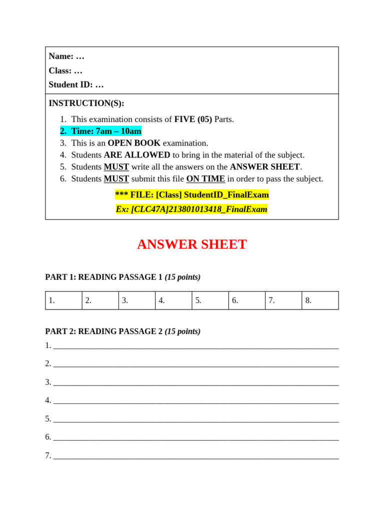 [ANSWER SHEET] Final Exam | PDF | Educational Stages | Evaluation Methods