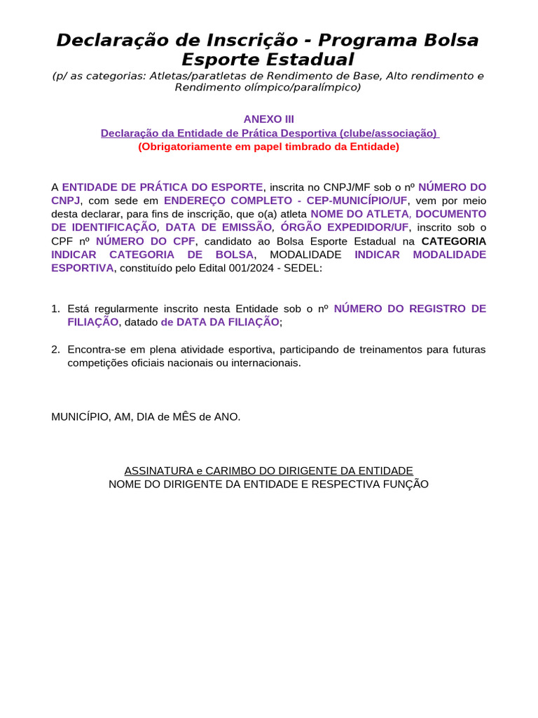 Anexo III Declaracao Da Entidade de Pratica Desportiva Clube Associacao | PDF