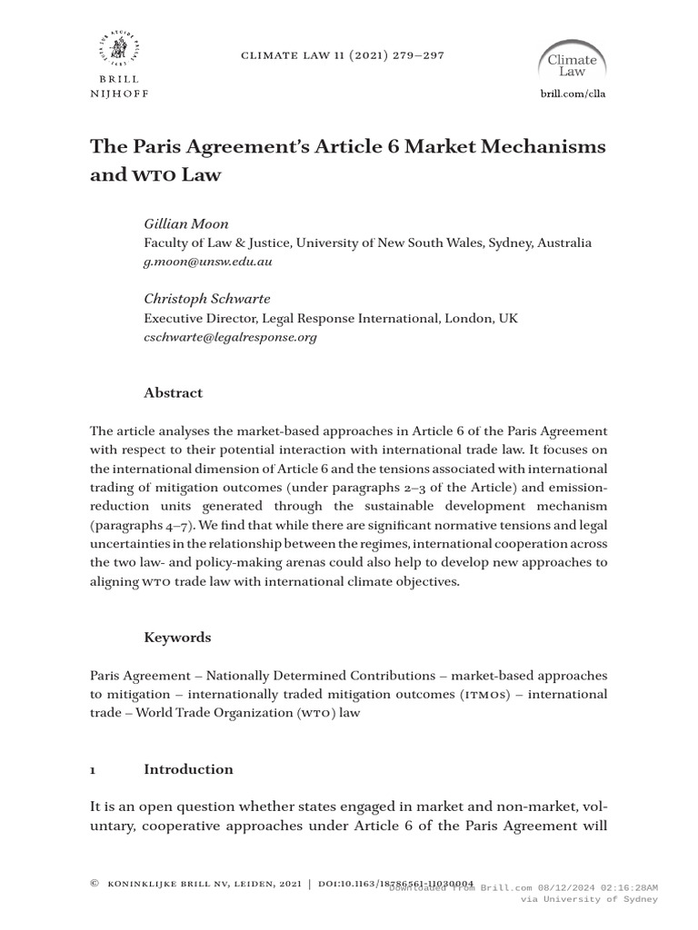 Article 6 of Paris Agreement and WTO Law | PDF | World Trade ...