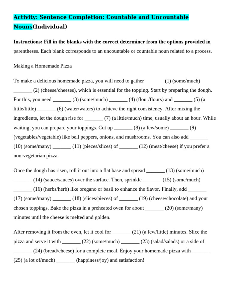 Countable vs. Uncountable Nouns Exercise | PDF | Pizza | Foods