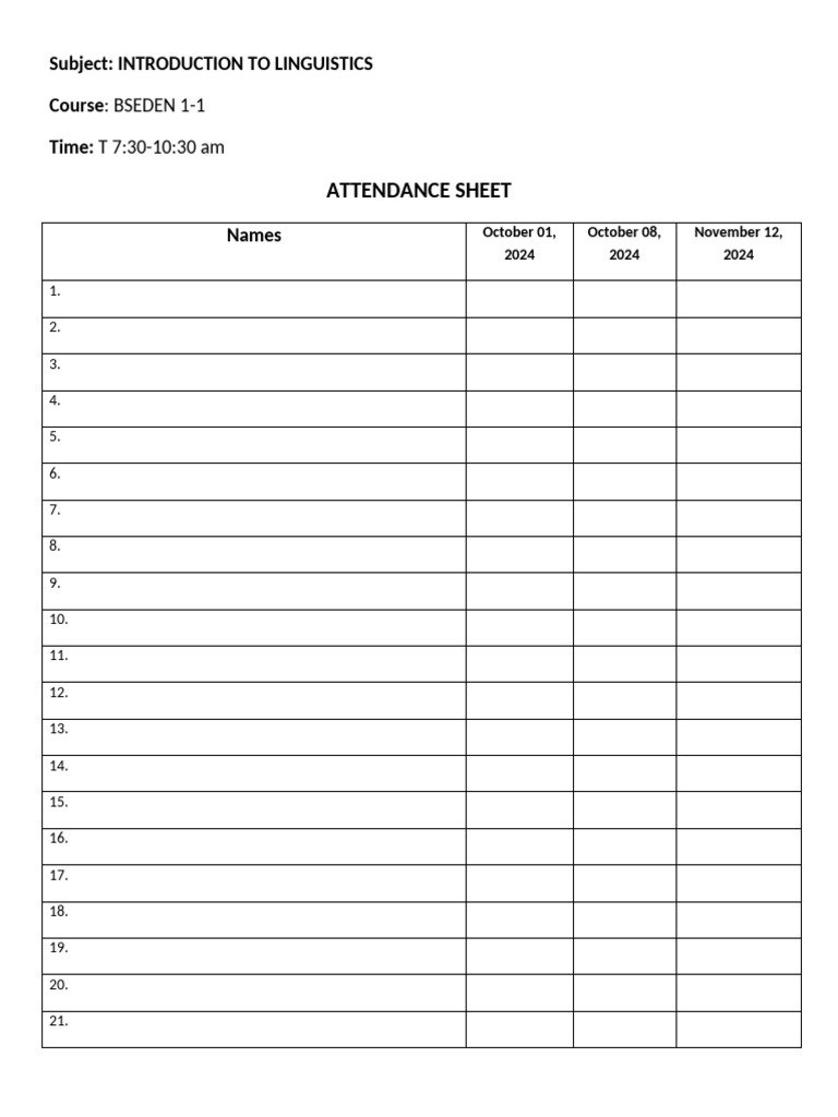 Linguistics Course Attendance Sheet | PDF