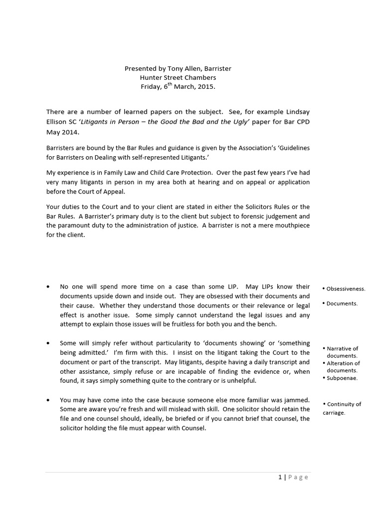 Litigants in Person With Notes Tony Allen March 2015 | PDF | Barrister ...