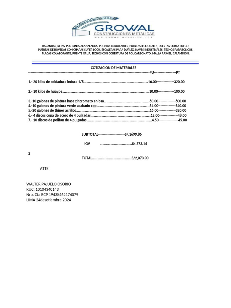 Cotización de Materiales de Construcción | PDF