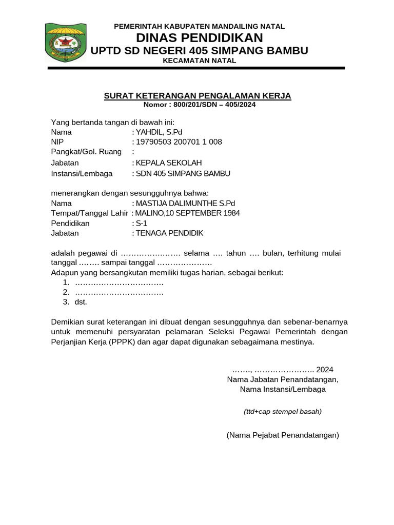 Surat Keterangan Pengalaman Kerja PPPK | PDF