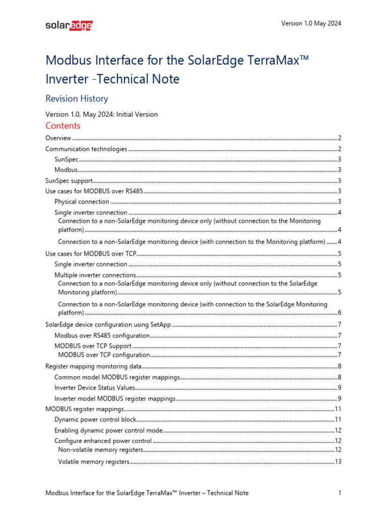 Se Modbus Interface For Solaredge Terramax Inverter Technical Note | PDF | Computing ...