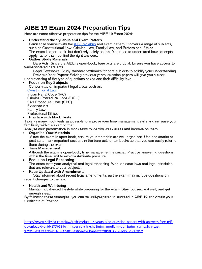 AIBE 19 Exam 2024 Preparation Tips | PDF | Justice | Crime & Violence