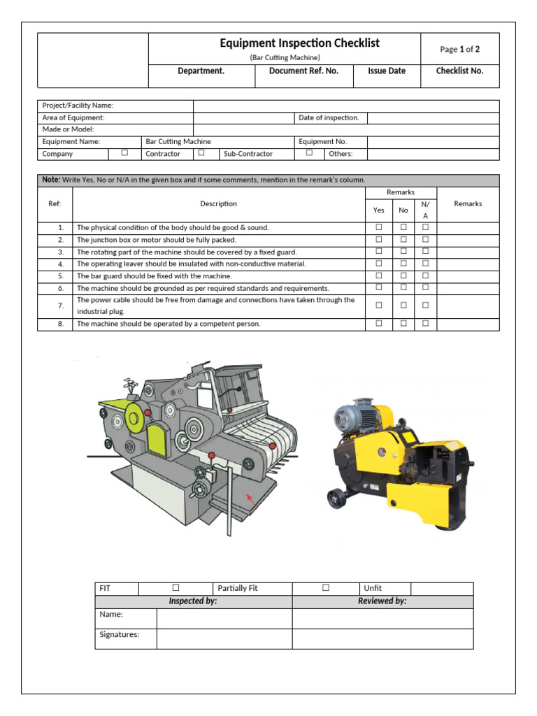 Bar Cutting Machine Inspection Checklist | PDF | Manufactured Goods
