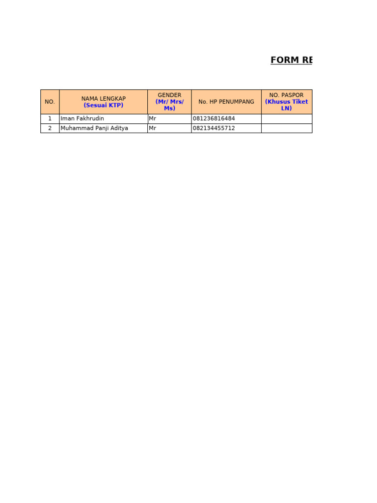 Contoh Form Reservasi Tiket | PDF