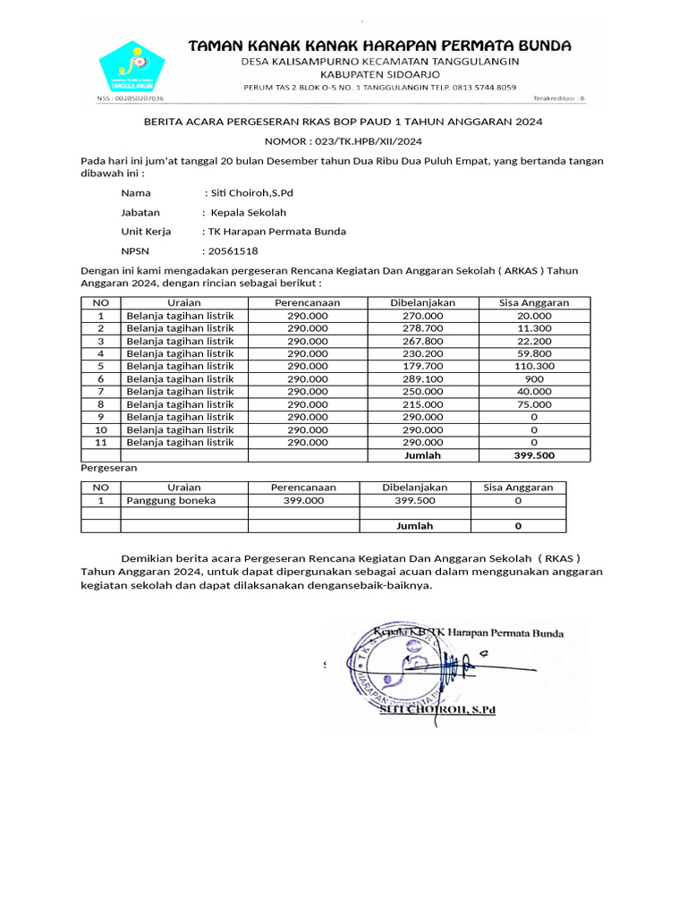 BERITA ACARA PERGESERAN RKAS BOP PAUD 1 TAHUNANGGARAN 2024 | PDF